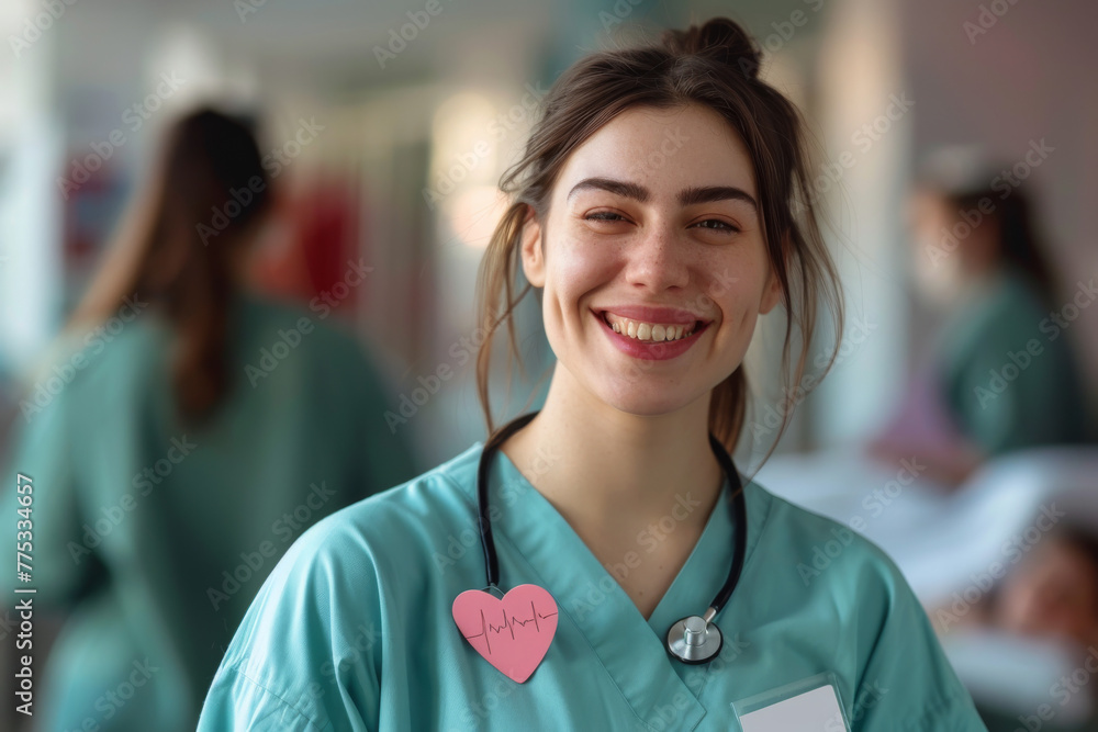 smiling young female nurse with stethoscope, hospital setting, cheerful ...