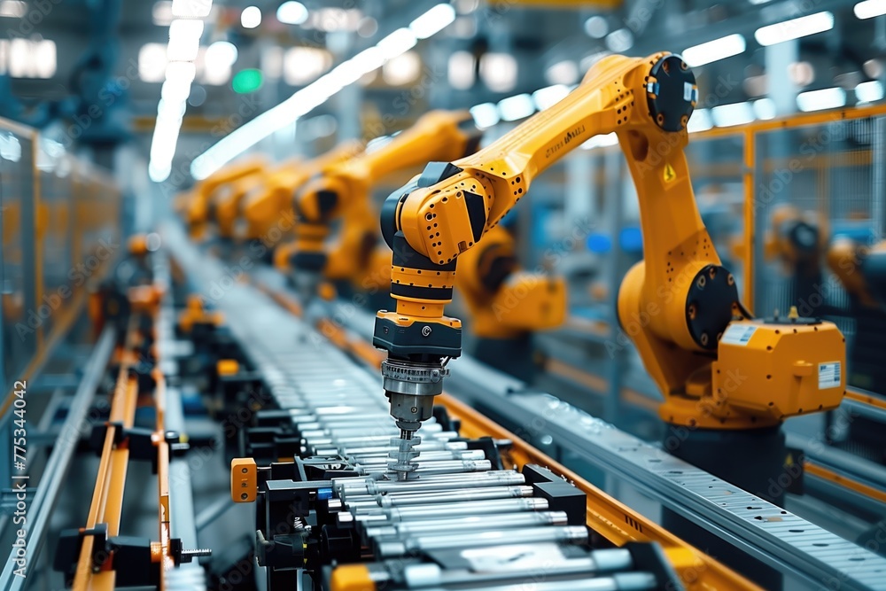 Foto De Stock Advanced Orange Industrial Robot Arm Assemble Ev Battery Pack On Automated