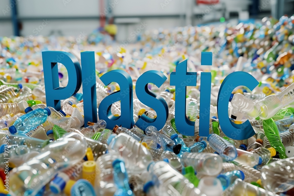 The word Plastic imposed over a background of a recycling facility ...