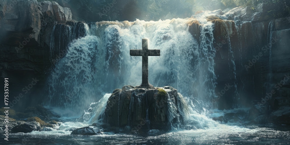 Waterfall splitting around a cross shaped rock, persistence blue ...