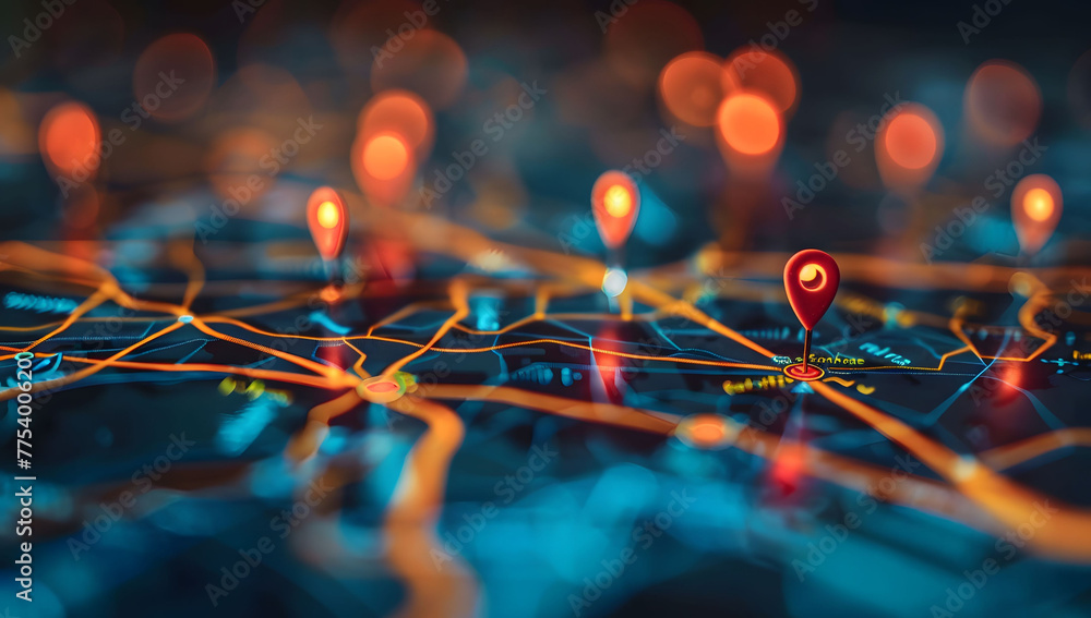 A digital map featuring interconnected location pins, symbolizing global network connectivity ...