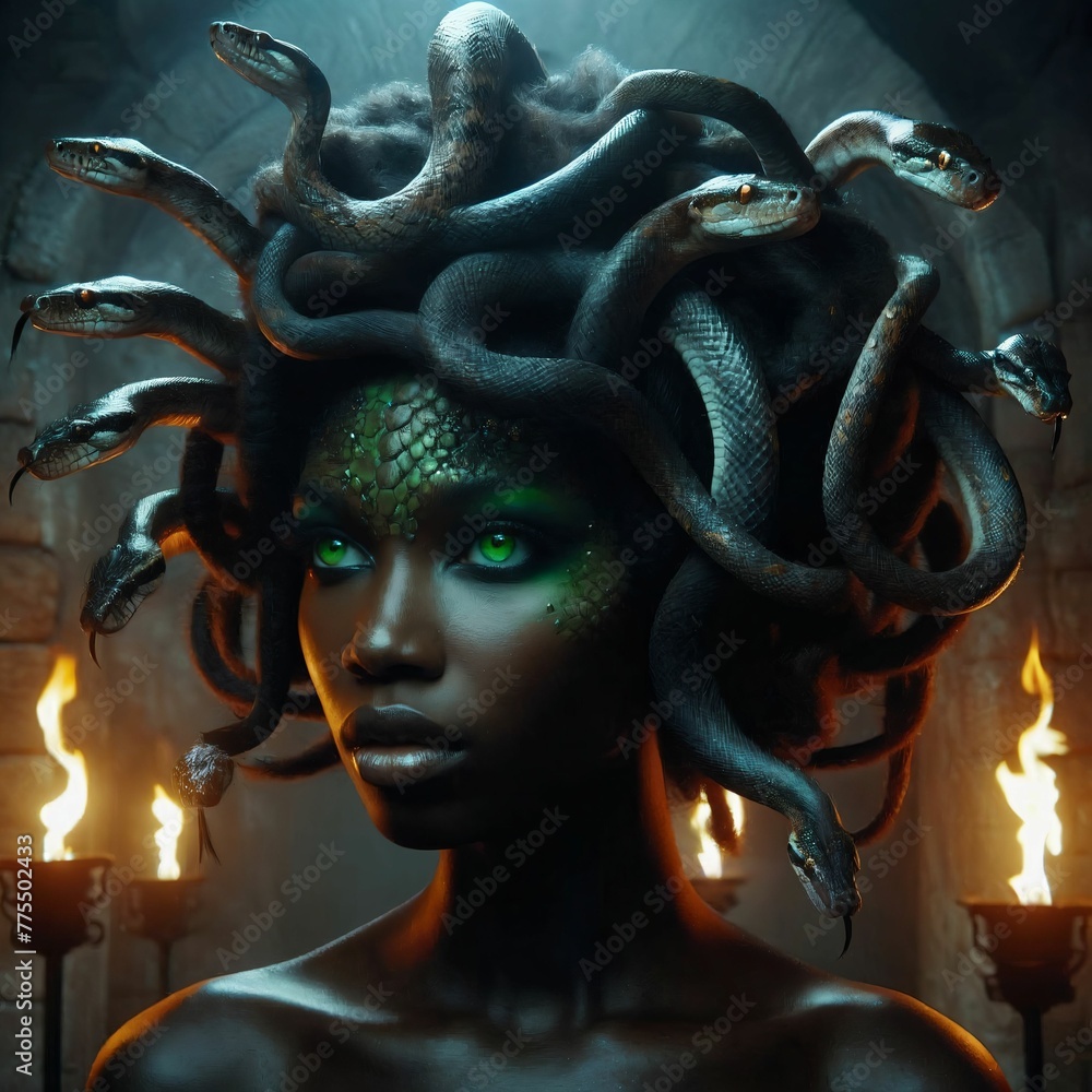 Portrait photo of Medusa. Woman with snakes on her head instead of hair ...