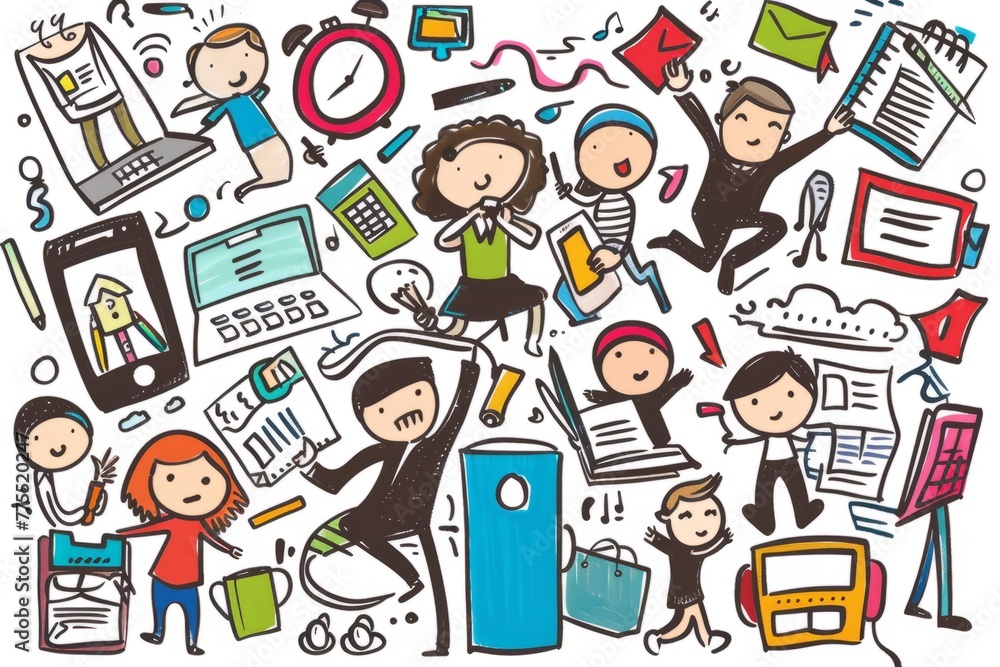 Cartoon cute doodles of a busy day at the office, with characters ...