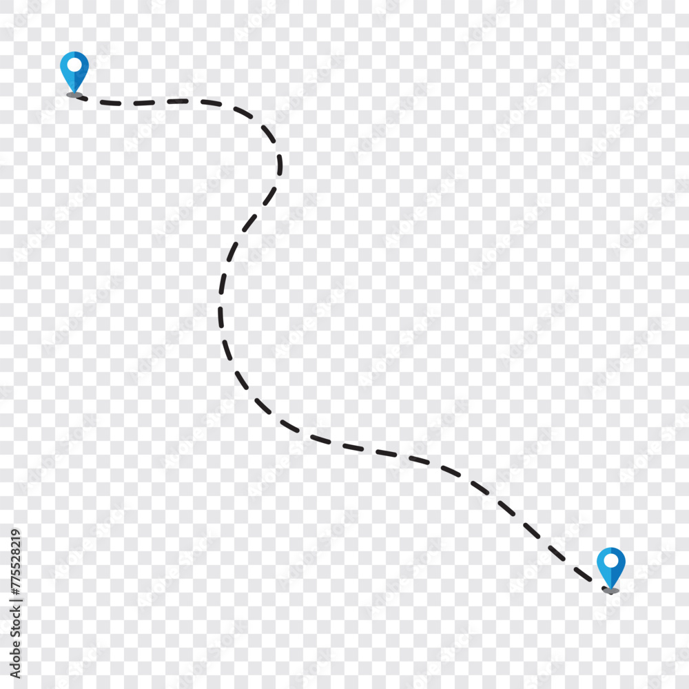 Stock-Vektorgrafik „Route location icon, two pin sign and dotted line road, start and end ...