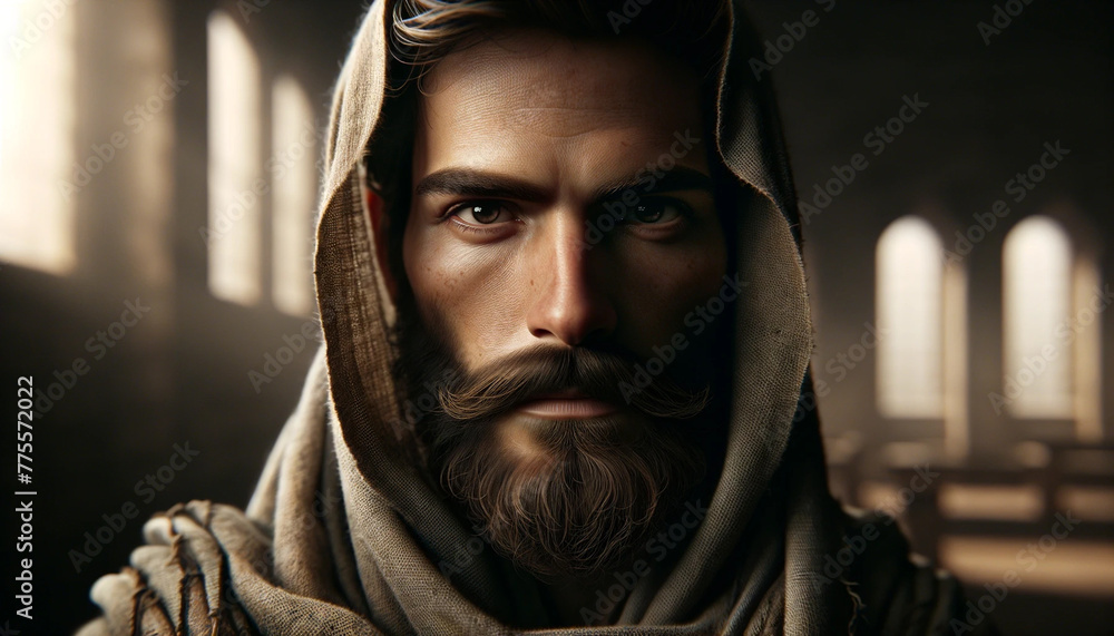 Biblical character. Portrait of a serious man with a beard and blood on ...
