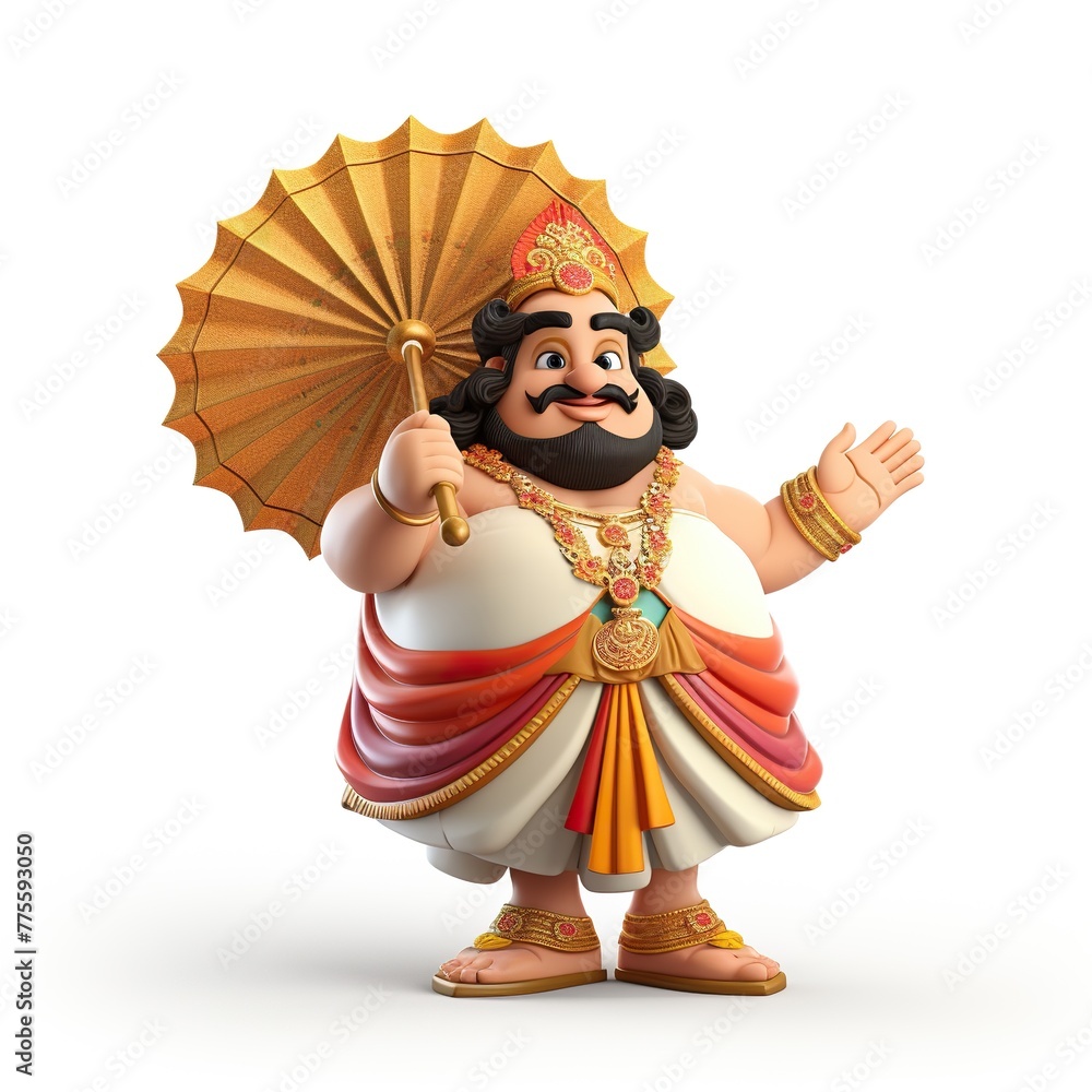 Cartoon style illustration of King Mahabal holding an umbrella, a ...