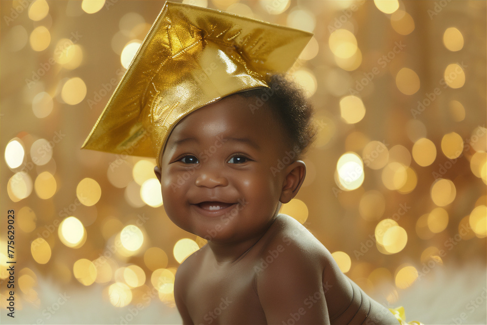 Beautiful African baby with cute smile in diapers and graduation hat ...