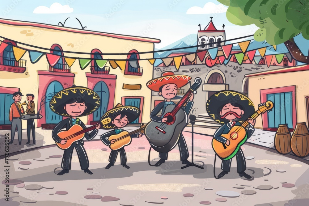 Cartoon cute doodles of a traditional Mexican mariachi band playing ...