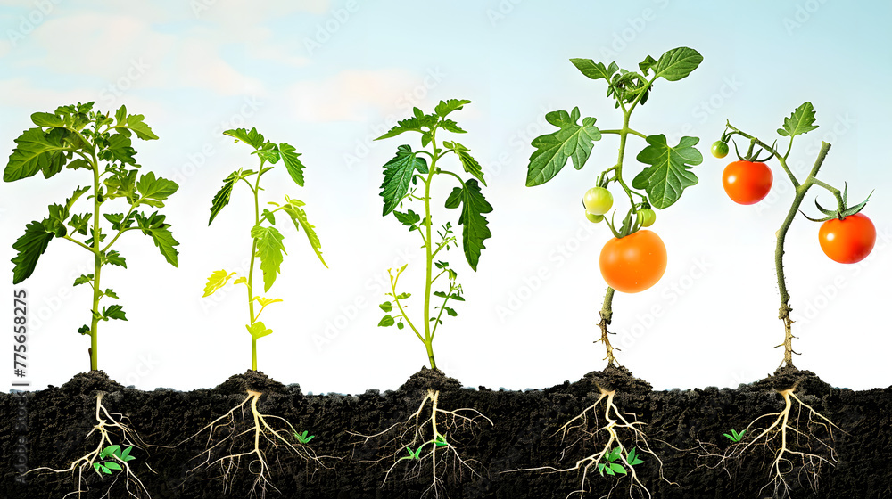 Gradual growth of tomatoes. Life cycle of a tomato plant, leaf, flower ...