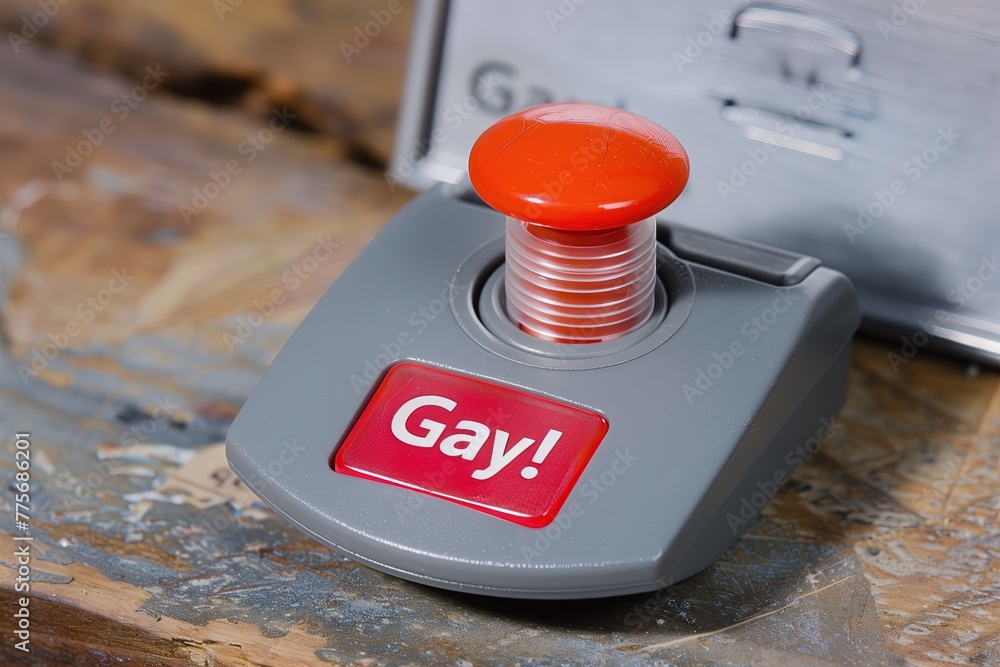 A red button with the word "Gay!" on it is attached to an office desk ...
