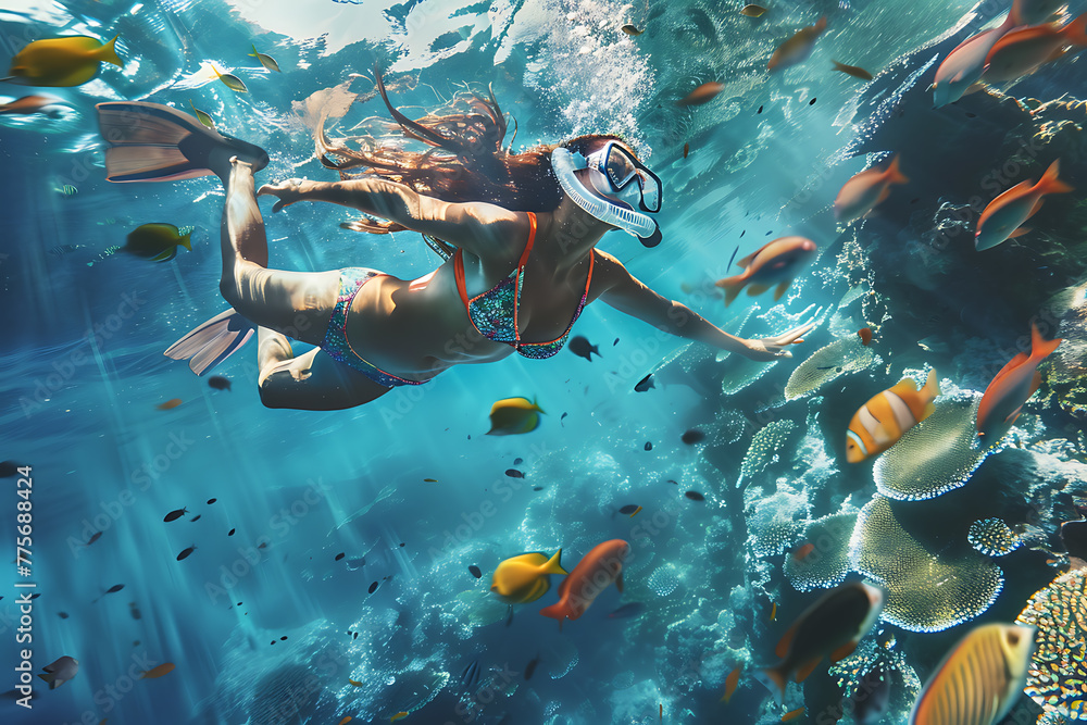 girl in snorkeling mask dives gracefully underwater, exploring the ...