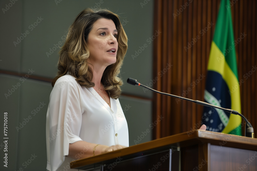 Interiors of Brazil parliament, with a Brazilian female political ...