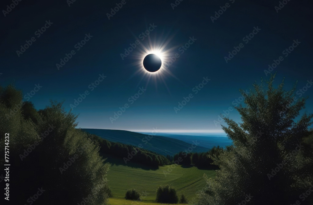 Solar eclipse in nature landscape, moon in front of the sun, dark black ...