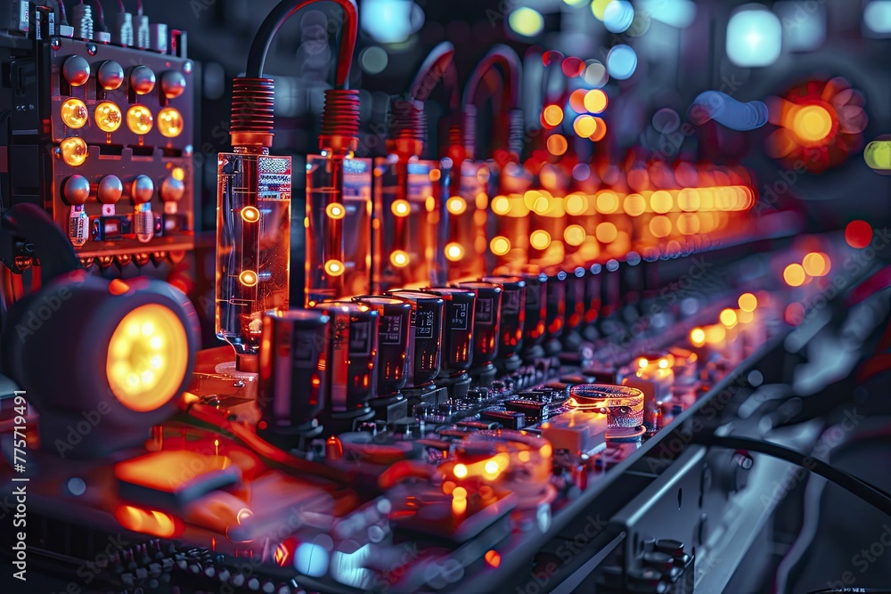 Capturing a close-up view, the intricate setup of encryption devices ...