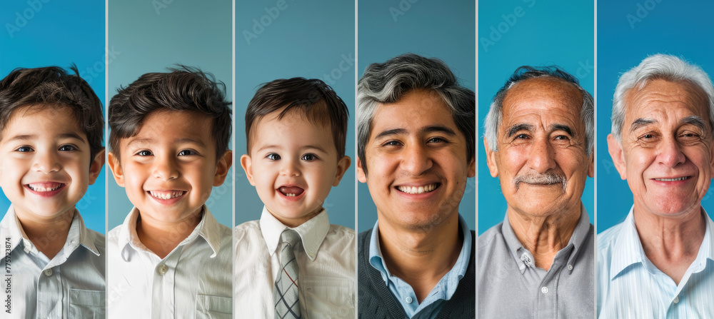 A vertical split photo of the same person at different ages, from baby ...