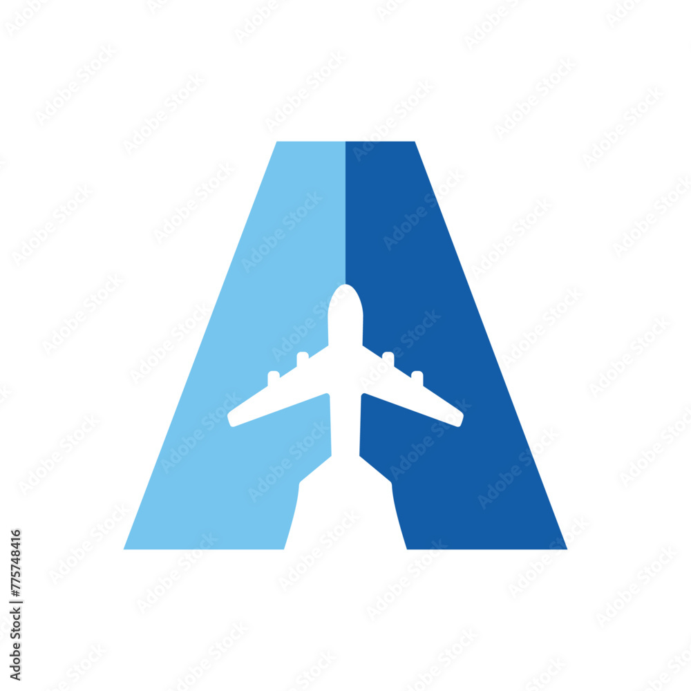 Logo travel. Letra inicial A con silueta de avión en espacio negativo ...