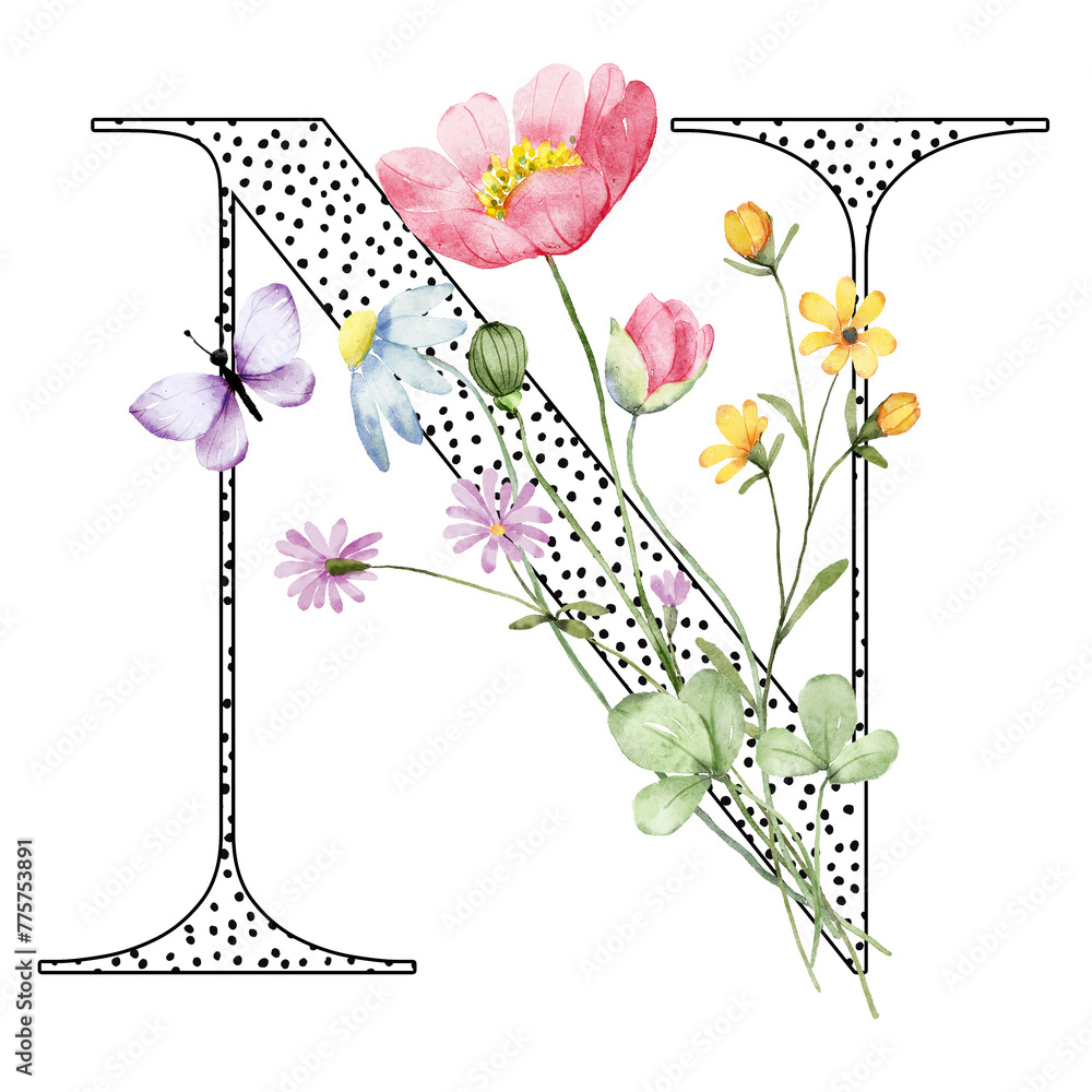 Letter N with watercolor flowers and leaf. Monogram initial, letterhead ...