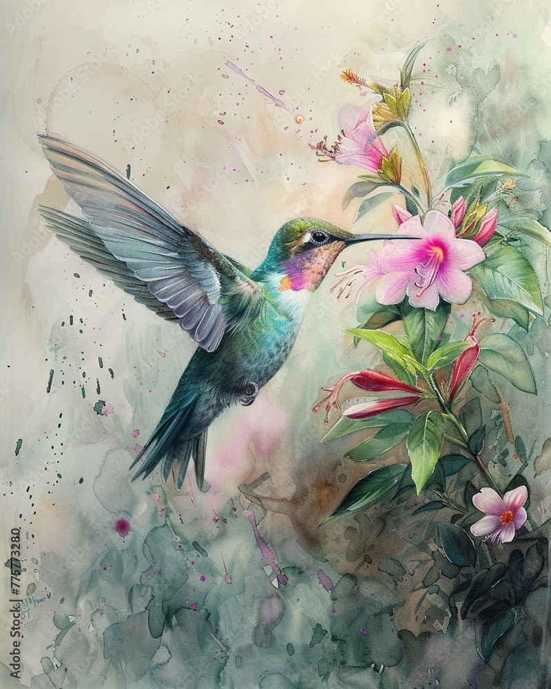 Pastel watercolor, detailed hummingbird hovering over a flower, 6K ...