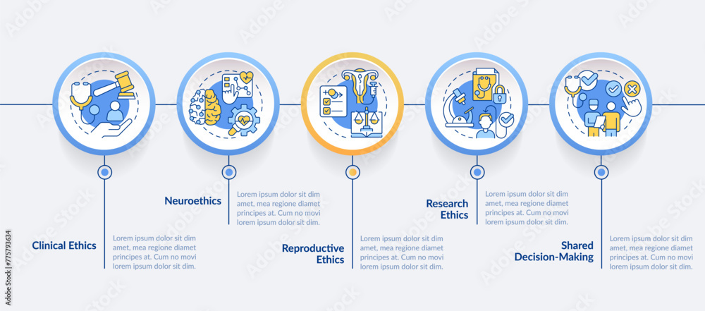Specific areas within bioethics blue circle infographic template. Data ...