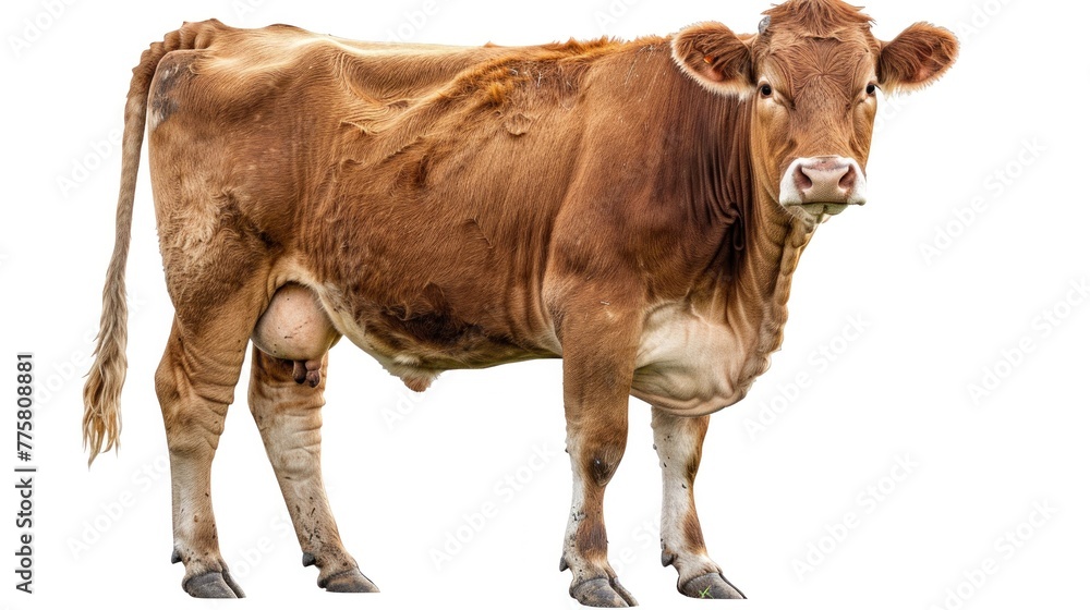 Single brown cow standing isolated on white background, displaying full ...