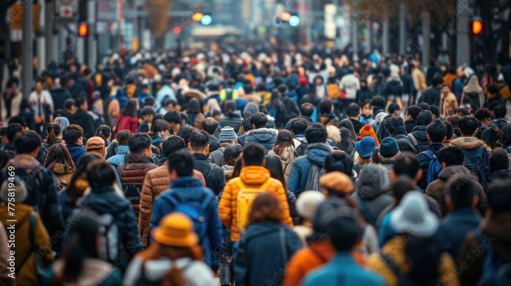 Large crowd of people commuting to work in the morning. Bustling city ...