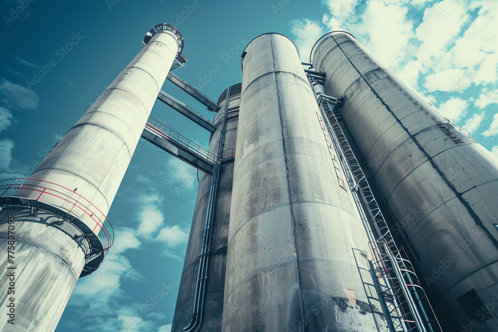 Industrial Giants: A low-angle perspective captures the towering ...