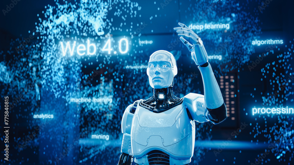 3D Render of Artificial Intelligence Robot Activates Web 4.0. Humanoid ...