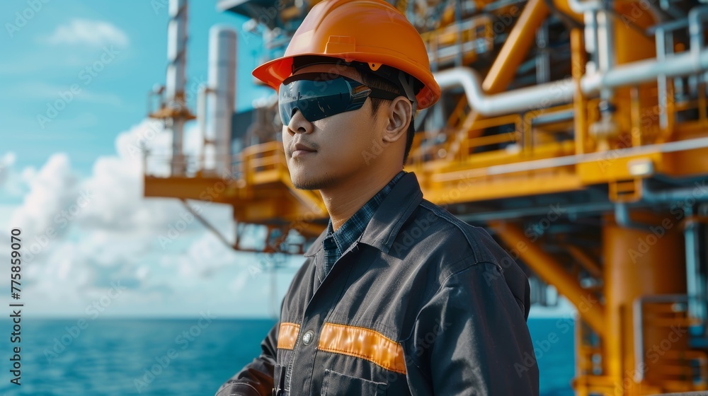 Asian petroleum engineer Inspect crude oil drilling rigs and industrial ...