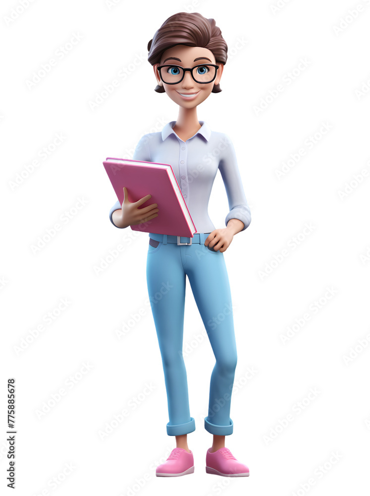 3D character woman teacher holding a book, pastel colored outfit, full ...