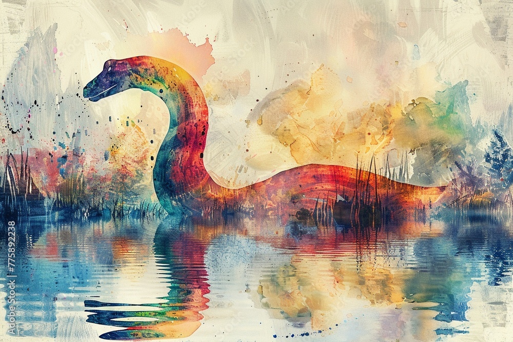 Loch Ness Monster, captured in bright vintage watercolor, vibrant and ...