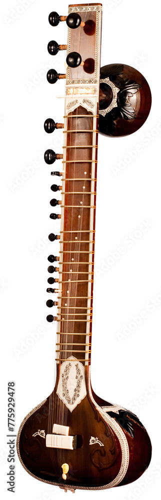 A traditional Indian sitar with a dark brown body, intricate ivory ...