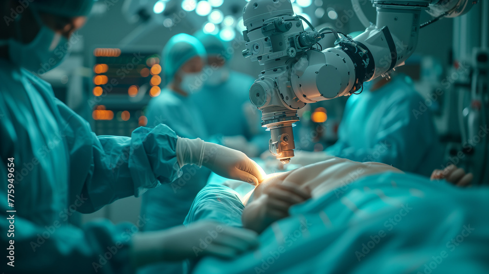 Robotic arm helps surgeon in surgery Medical treatment in surgery with ...