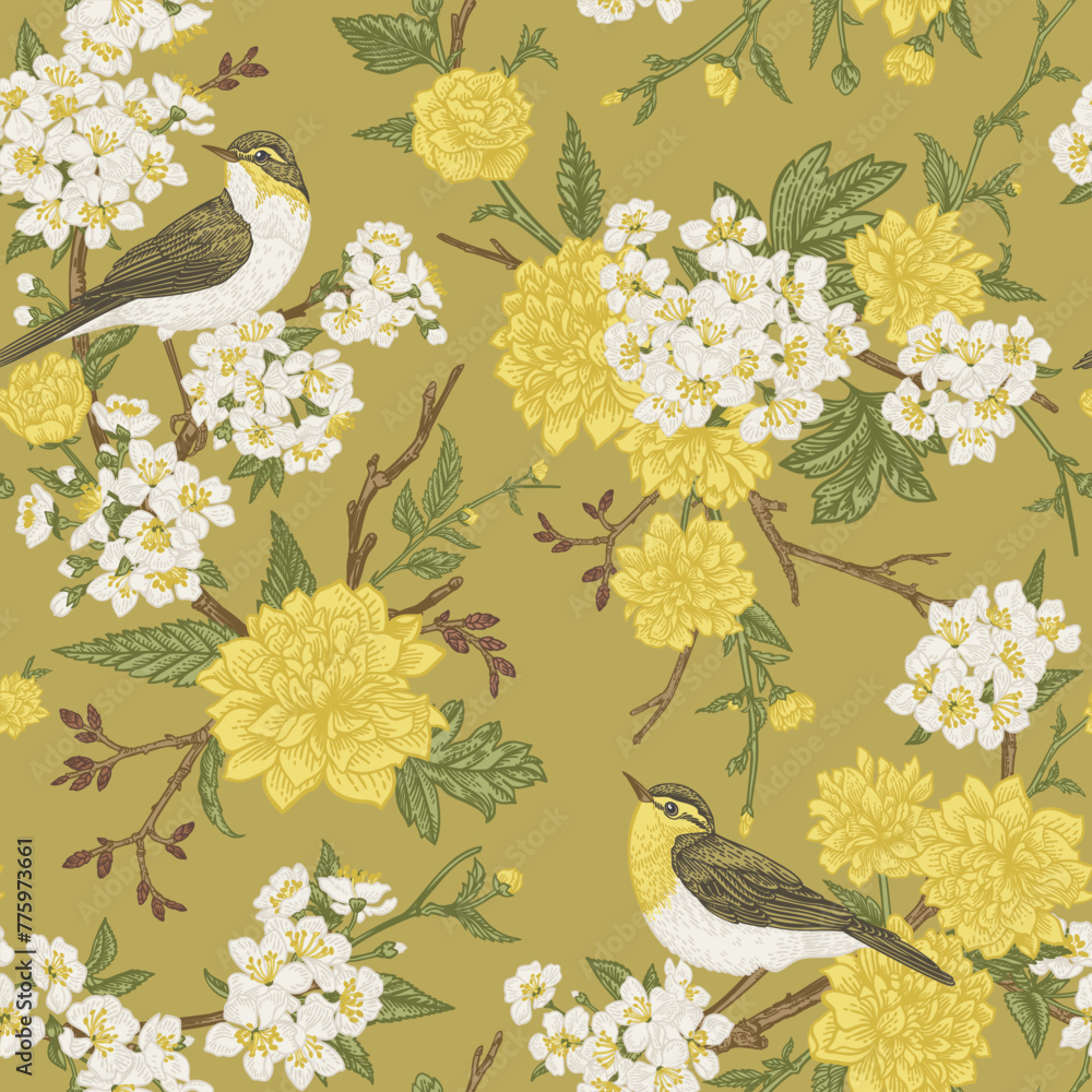 Seamless floral pattern with birds on a mustard background. Blooming ...