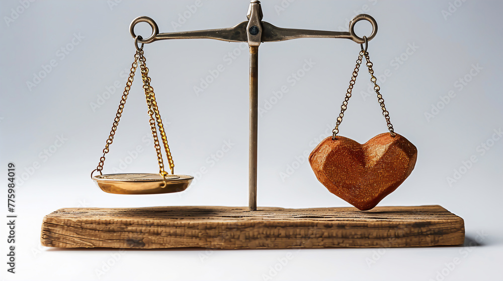 Visual metaphor of a scale balancing a gold coin and a heart ...