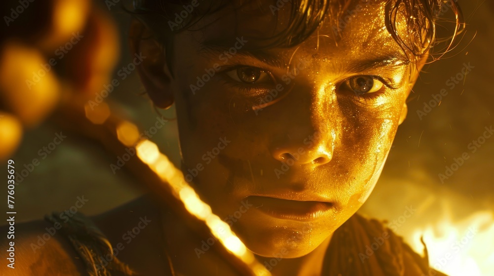 David and Goliath Detail A close-up of David holding AI generated ...