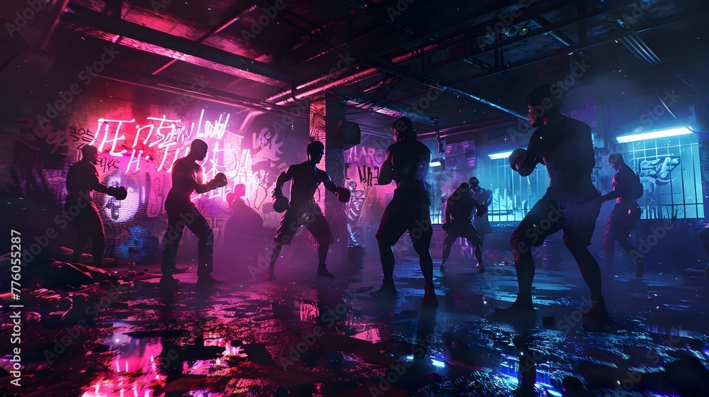Intense Underground Fight Club Battle with Neon Lighting and Shadowy ...