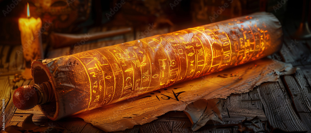 A magical papyrus scroll, its neon hieroglyphs coming to life to aid ...