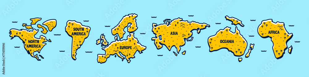 Cartoon world map with all the continents. World map hand drawn in ...