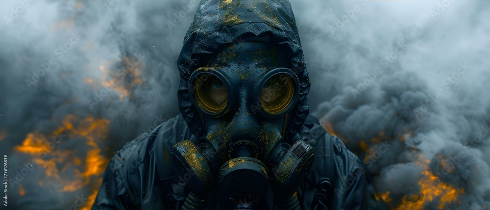 Police officer in gas mask investigates chemical spill. Concept ...