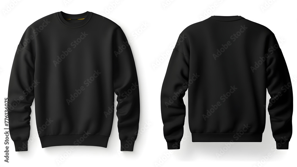 Black color crew neck blank template front and back view isolated on ...