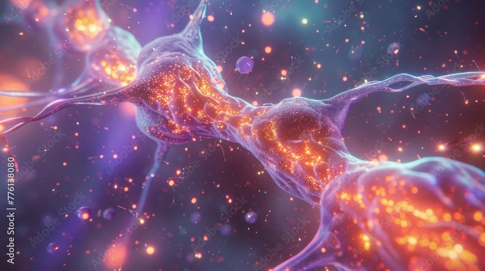Digital illustration of neural synapses with glowing orange nodes and ...