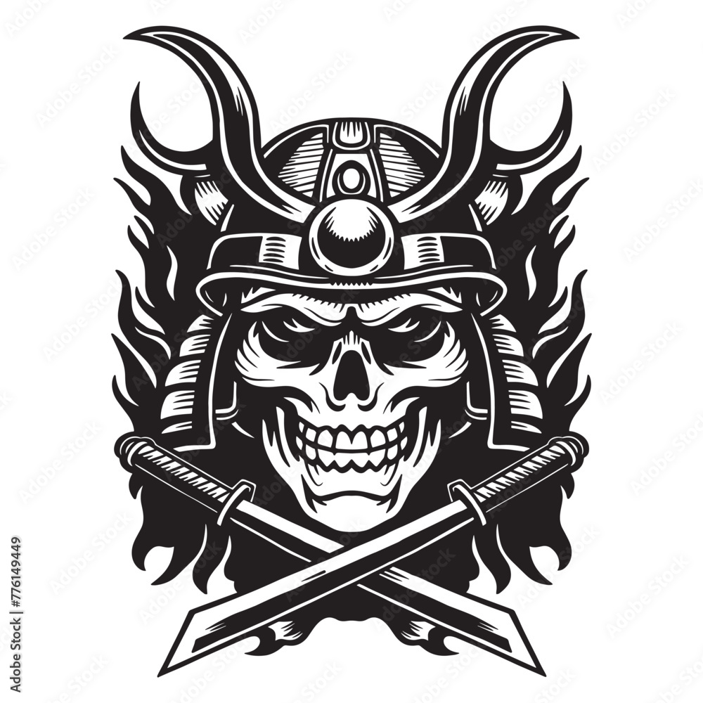 The face of a shogun skull in a traditional helmet against a background ...