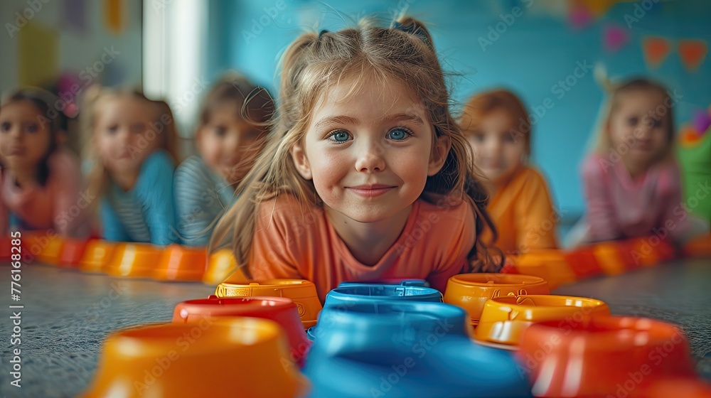 Group of children engaging in a playful obstacle course, designed with ...