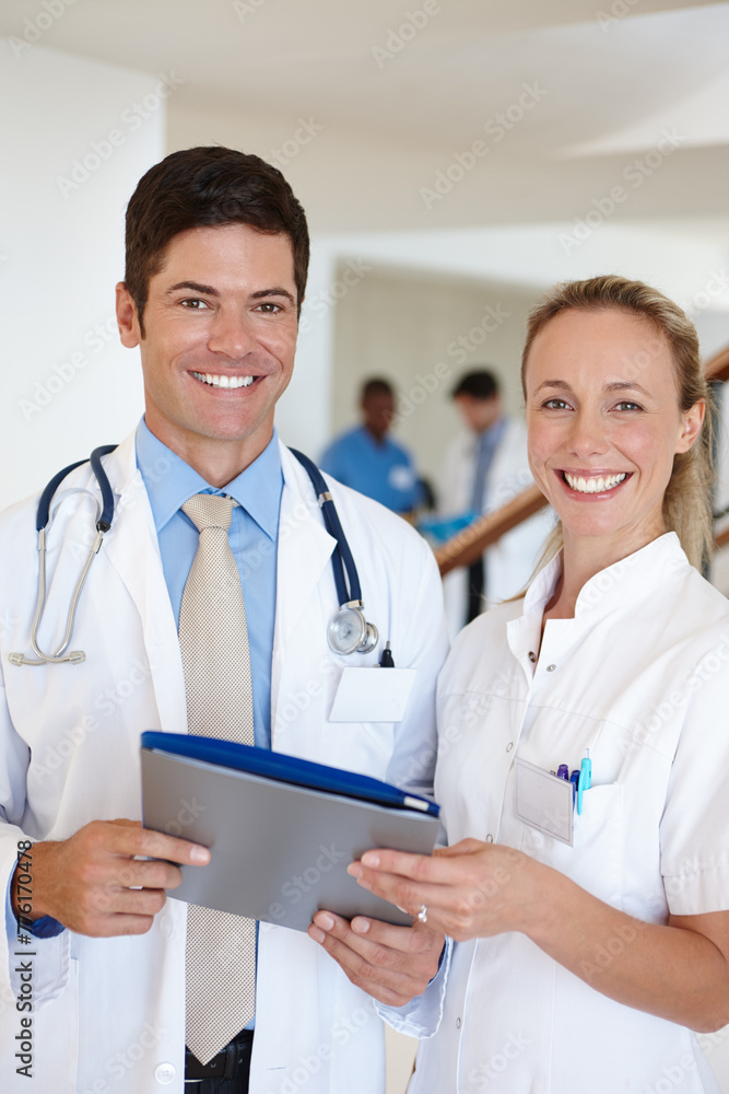 Doctor, nurse and portrait for teamwork on report, charts and feedback ...