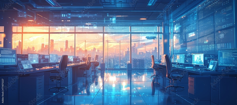 A long office corridor with glass walls, with rows of desks and ...