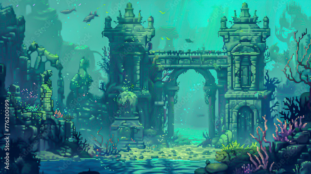 Design a pixelated 2D scene of an underwater world with elaborate ...