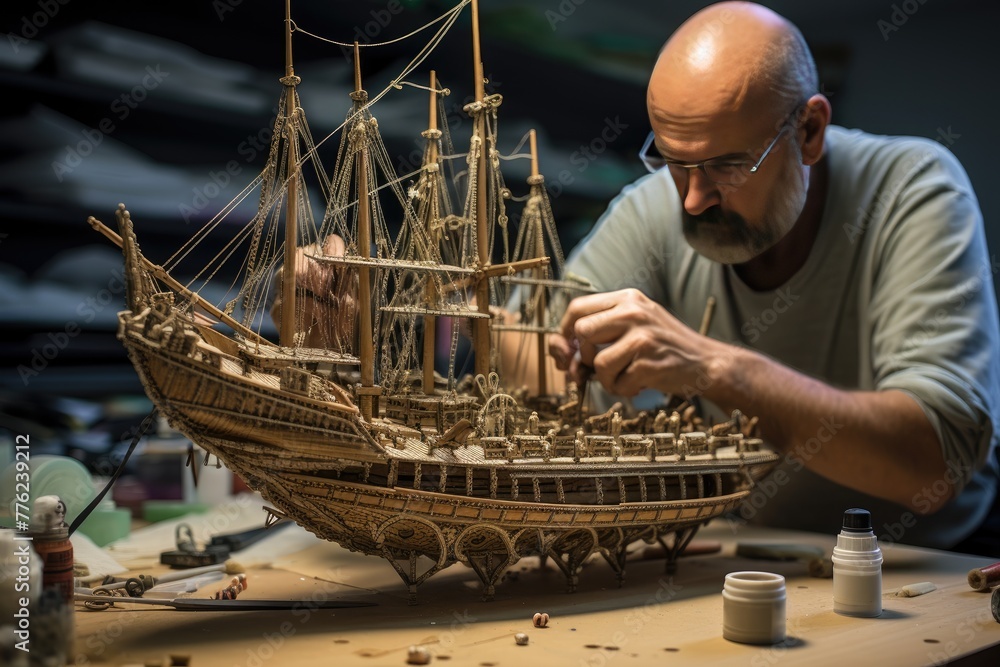 Construction model ship, The construction of an intricate model ship ...