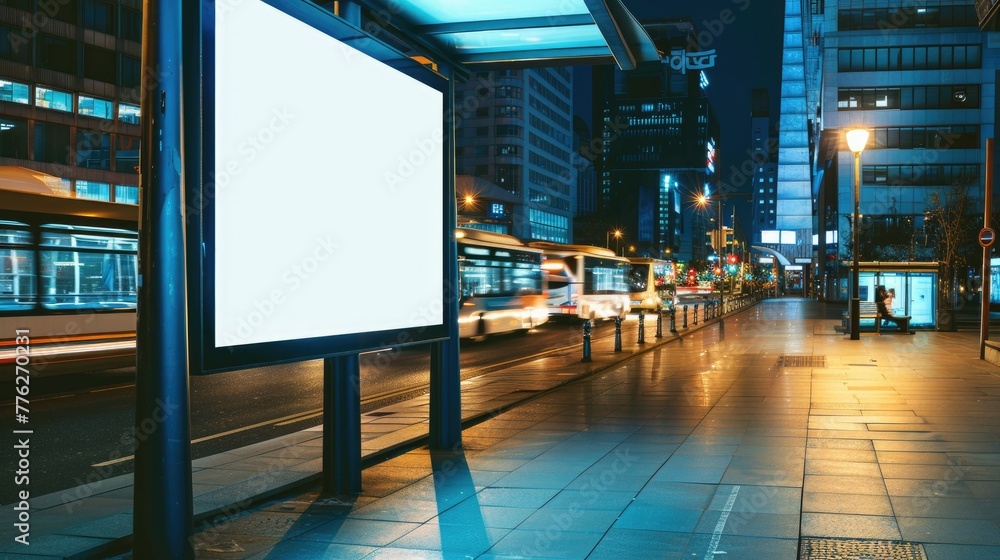 Rainy Night City Billboard. Street mockup. The glow of a blank ...