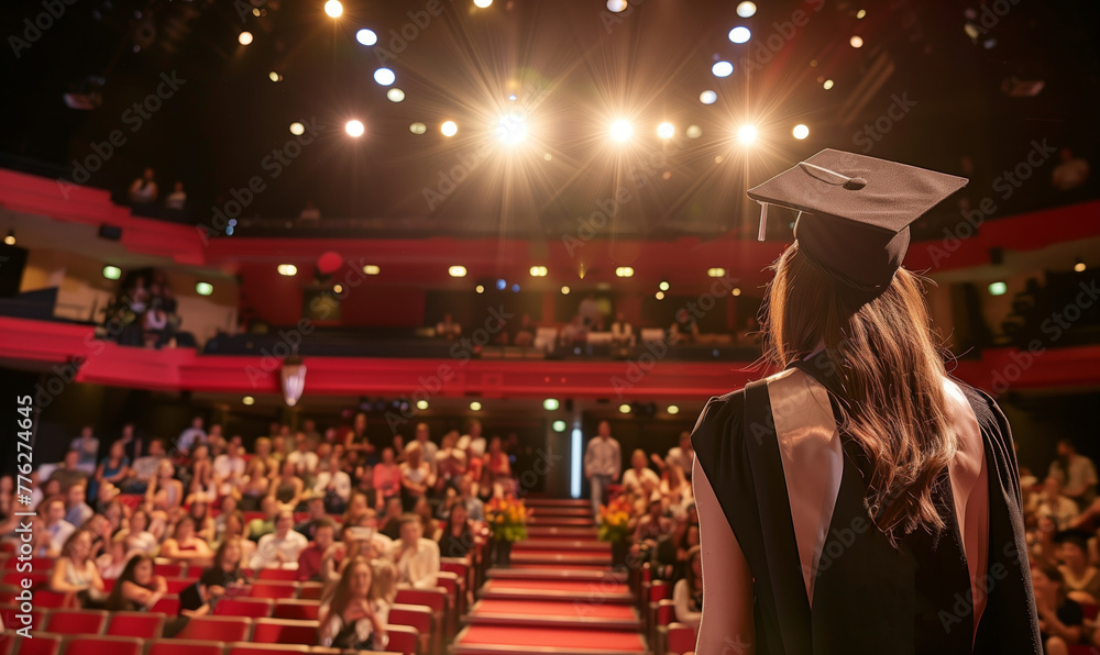 Graduate in cap and gown facing audience in auditorium. . Graduation ...