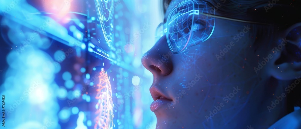 Medical student exploring a virtual anatomy platform, cool blue light ...